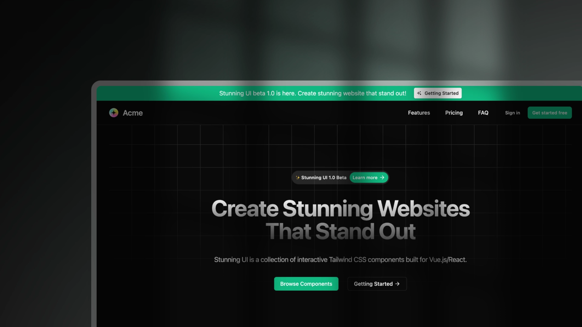 Stunning UI is a collection of interactive Tailwind CSS components built for Vue and Nuxt.